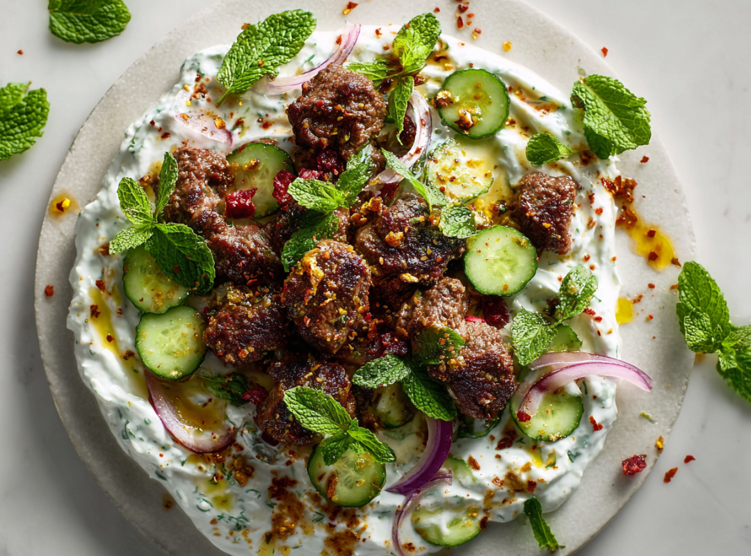 Smashed Beef Kebab met frisse munt-yoghurtsaus
